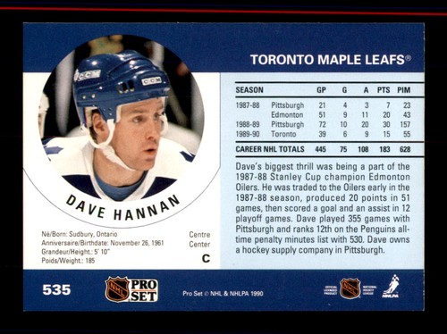 1990-91 Pro Set #535 Dave Hannan Toronto Maple Leafs | eBay