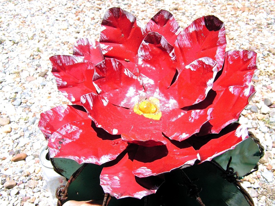 Metal Art cactus sculpture, Junk Iron Garden Art, Red with Red flower ...