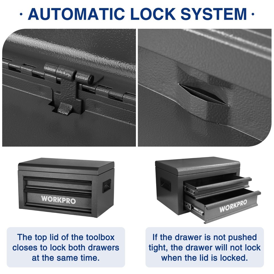 WORKPRO 15 Inch Tool Box, Metal Tool Box with 2 Drawers& 1Top Storage ...