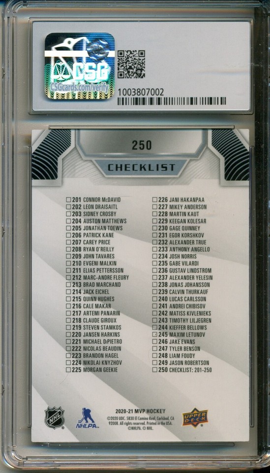 2020 Upper Deck MVP #250 --- CONNER MCDAVID --- Checklist CSG 9.5 | eBay