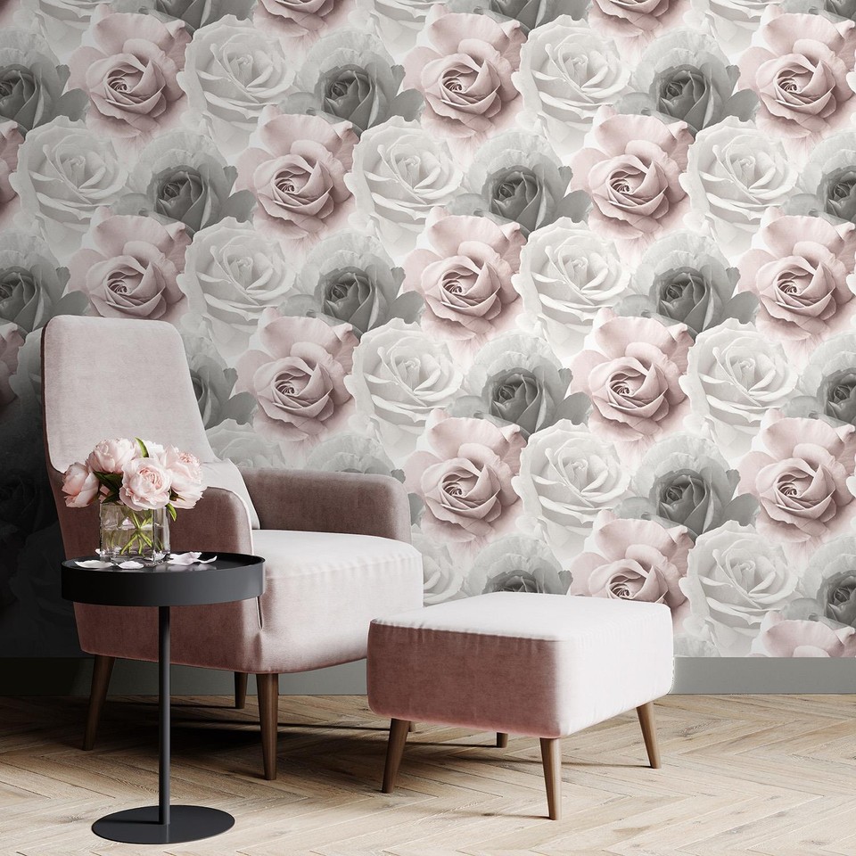 Muriva Rhoda Rose Pink Wallpaper Floral Flowers Grey White Glamorous ...