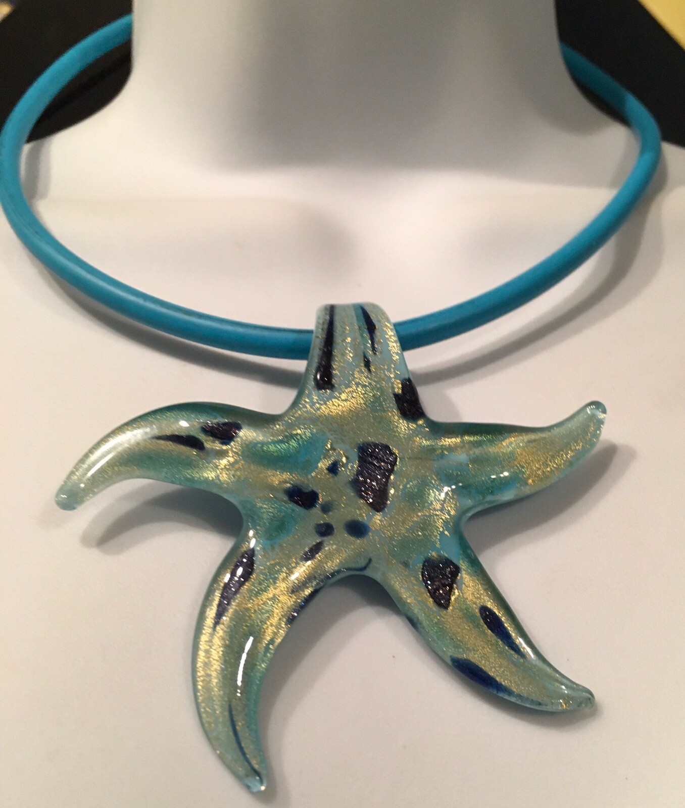 Vintage Blue Gold Flake STAR Blown Art Glass NECKLACE… - Gem