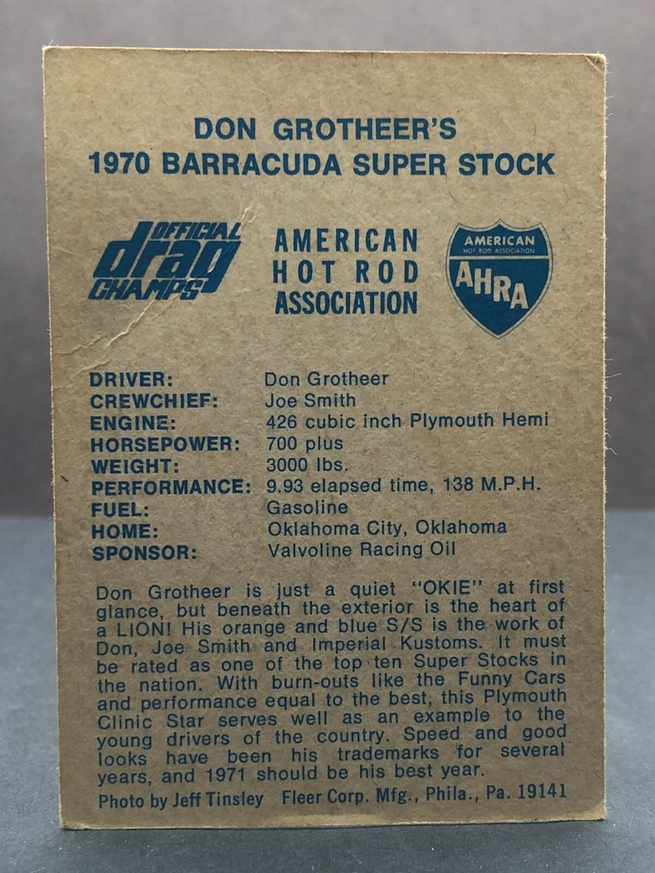 1971 Fleer AHRA Official Drag Champs DON GROTHEER'S 1970 BARRACUDA Card ...