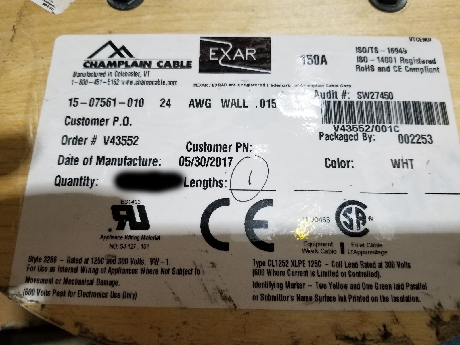 Champlain Cable Exar 150A #24awg Tinned Cu Hook Up Wire UL-3266 XLPE ...