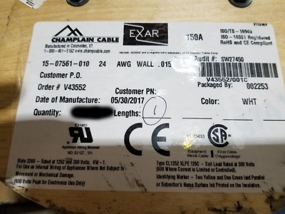 Champlain Cable Exar 150A #24awg Tinned Cu Hook Up Wire UL-3266 XLPE White/100ft | eBay