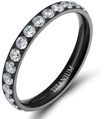 3mm Black Titanium Engagement Ring Cubic Zirconia Eternity Wedding Band ...