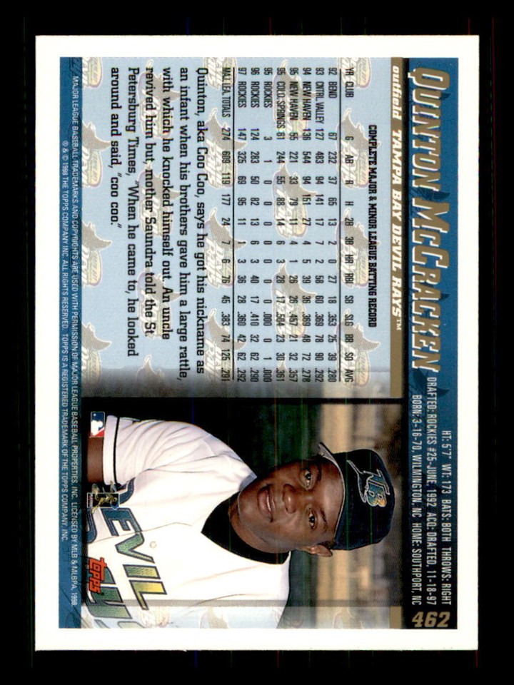 1998 Baseball Topps Quinton McCracken Tampa Bay Devil Rays #462 | eBay