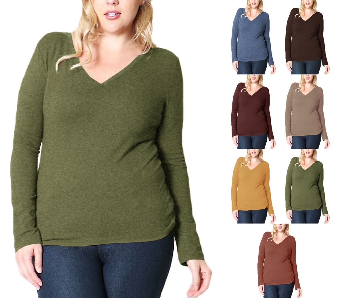 Plus Size Heather Color Casual Cotton Blend V-Neck Long Slv T-Shirt Top ...