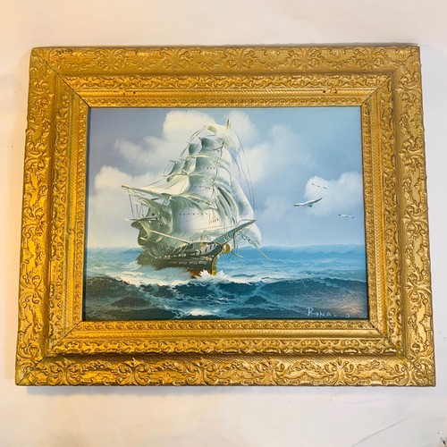 Signed Oil Painting Clipper Sail Tall Ship Art Artist RONALD Gold Gilt ...