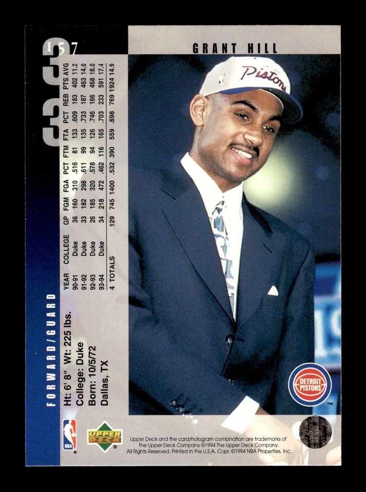1994-95 Upper Deck NBA #157 Grant Hill Rookie Card RC Duke Detroit ...