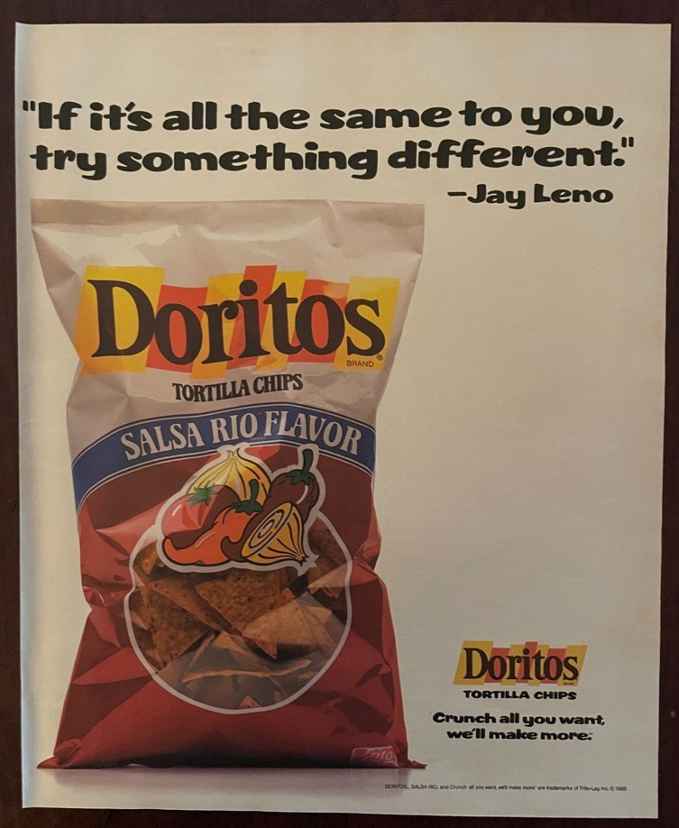 1989 Doritos Salsa Rio Flavor Vintage Print Ad Tortilla Chips Jay Leno ...