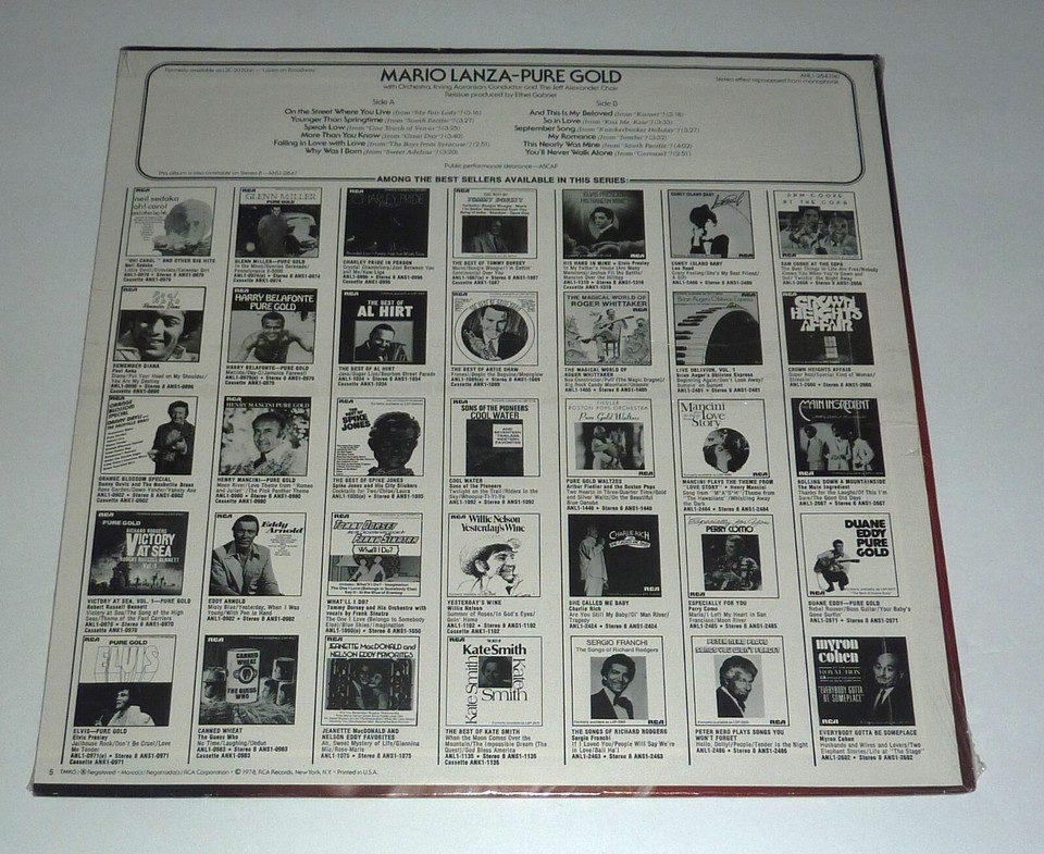"STILL SEALED" VINYL LP by MARIO LANZA "PURE GOLD" (1980) RCA ANL1-2847 ...