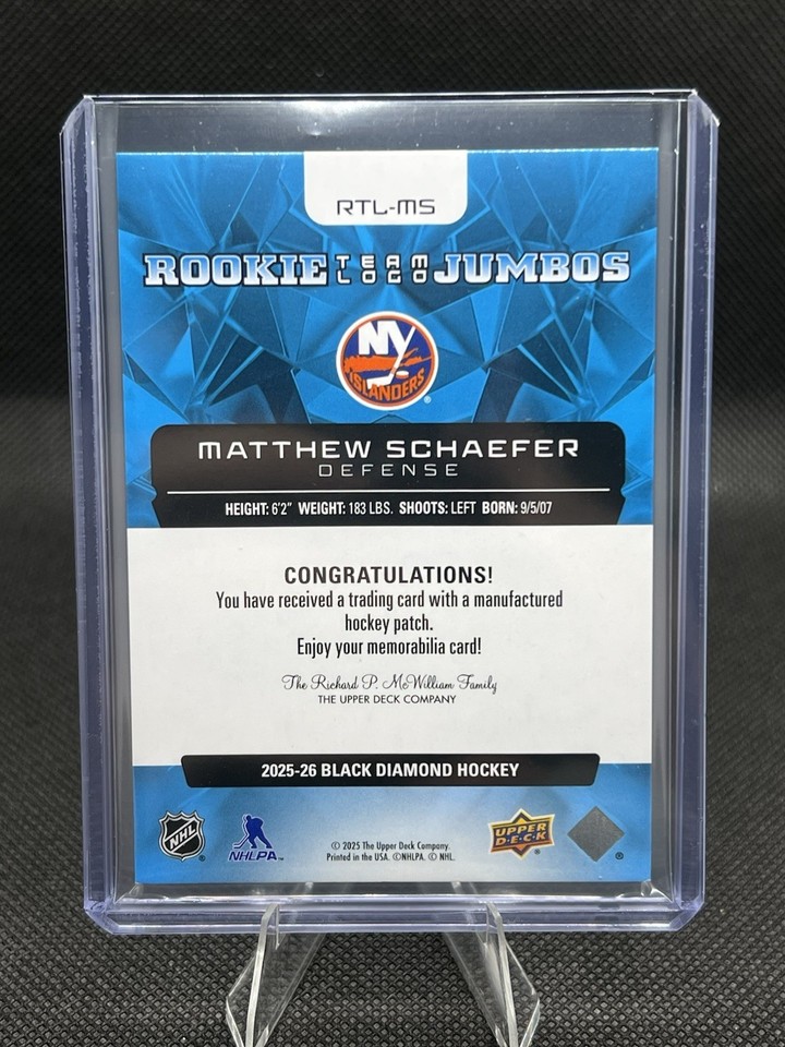 2025-26 UD Black Diamond Matthew Schaefer Rookie Team Logo Jumbos RTL ...