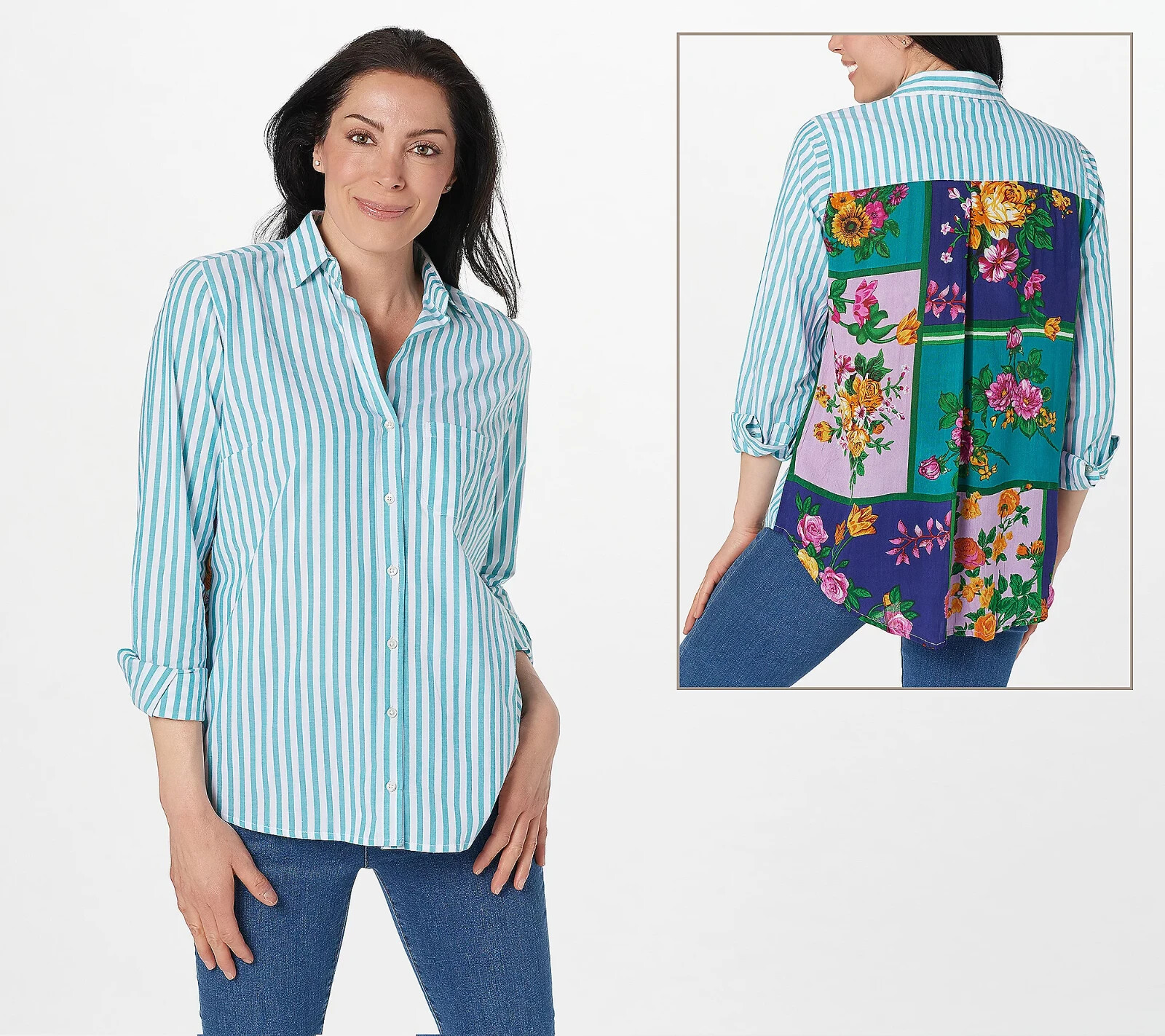 Tolani Collection Striped & Floral Printed Back Turquoise Button Shirt ...