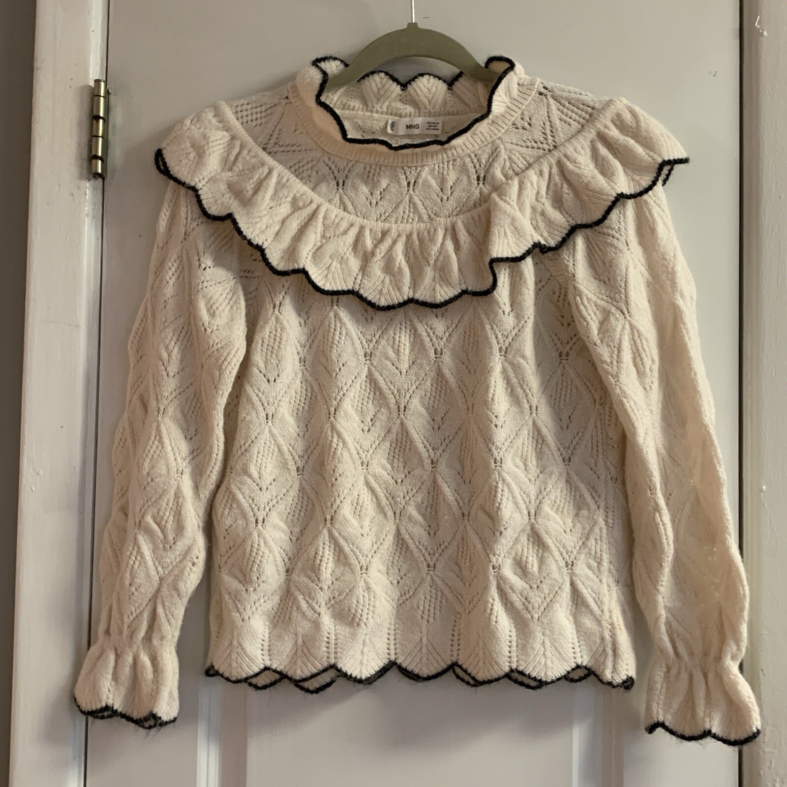 MNG Mango sweater wool blend XS cream white Mock Neck Black Ruffle Knit ...