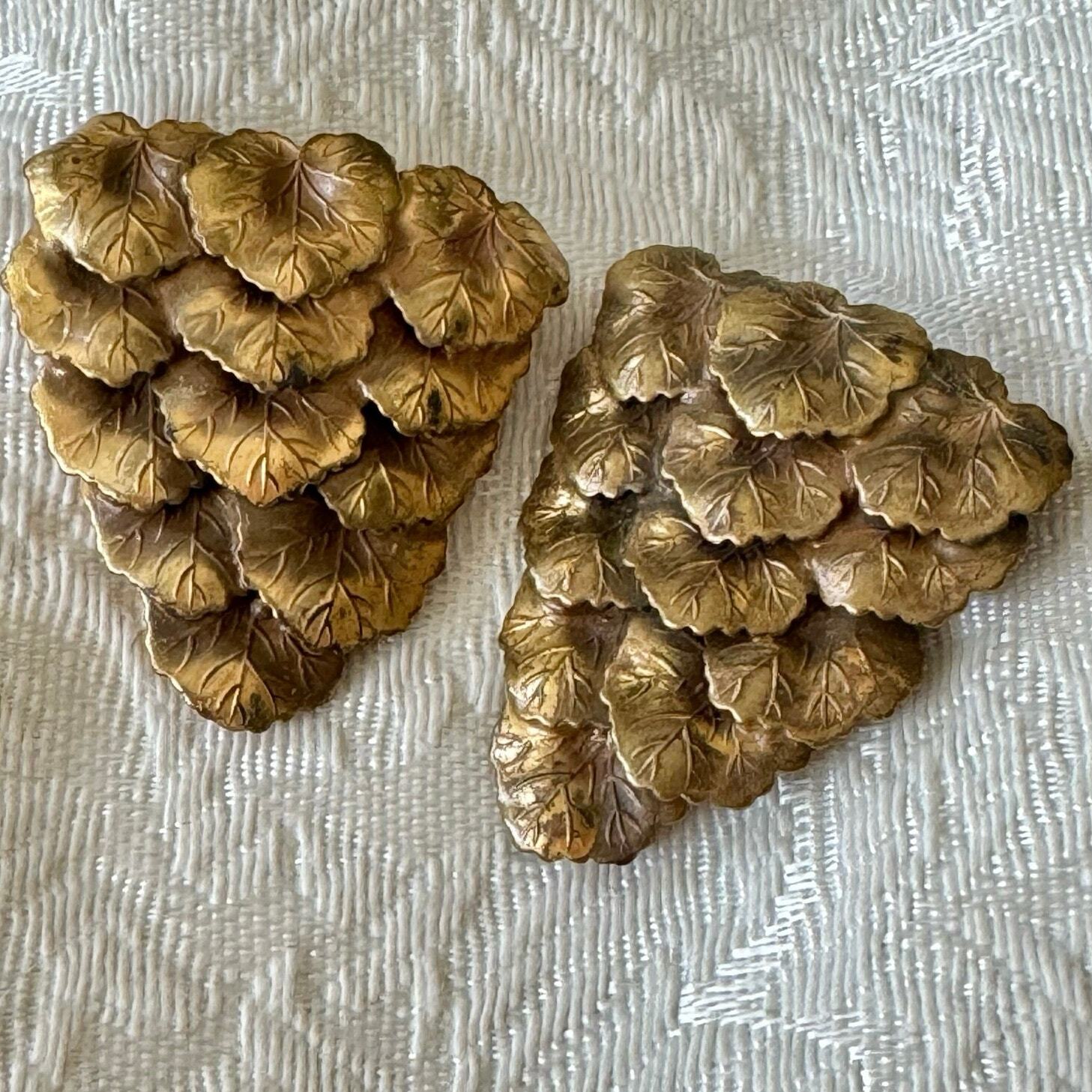 Antique Dress Clips Pair Layered Brass Falling Leaves… - Gem