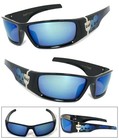 Locs Mens Cholo Biker Sunglasses - Shiny Black Blue Flash Mirror Lens ...