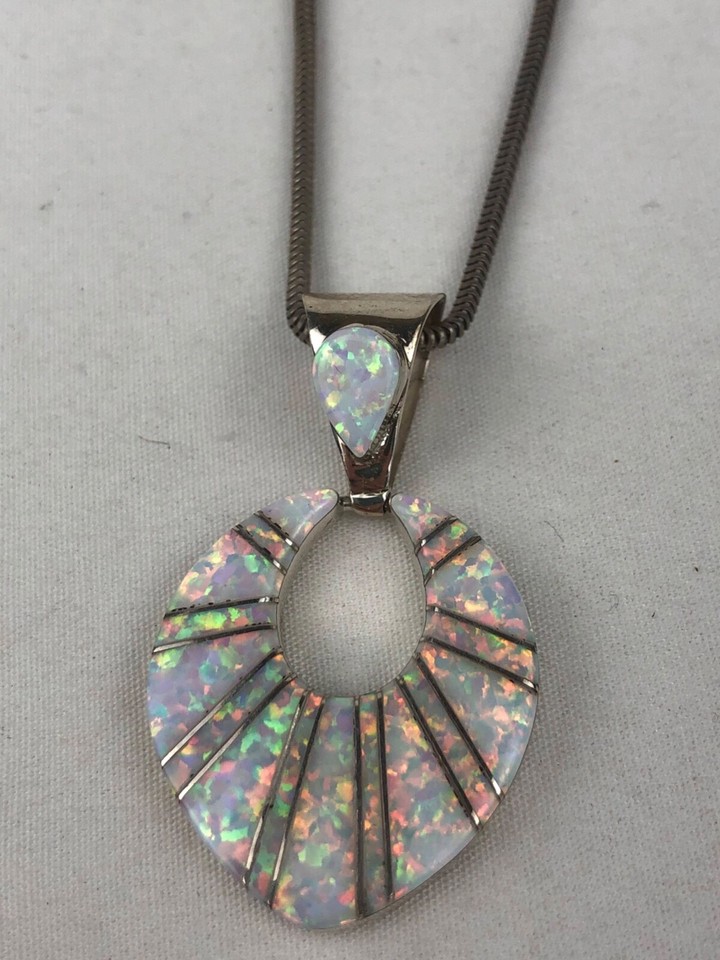 Vintage Sterling & Inlaid Syn Opal Necklace SIGNED MY / YM | eBay