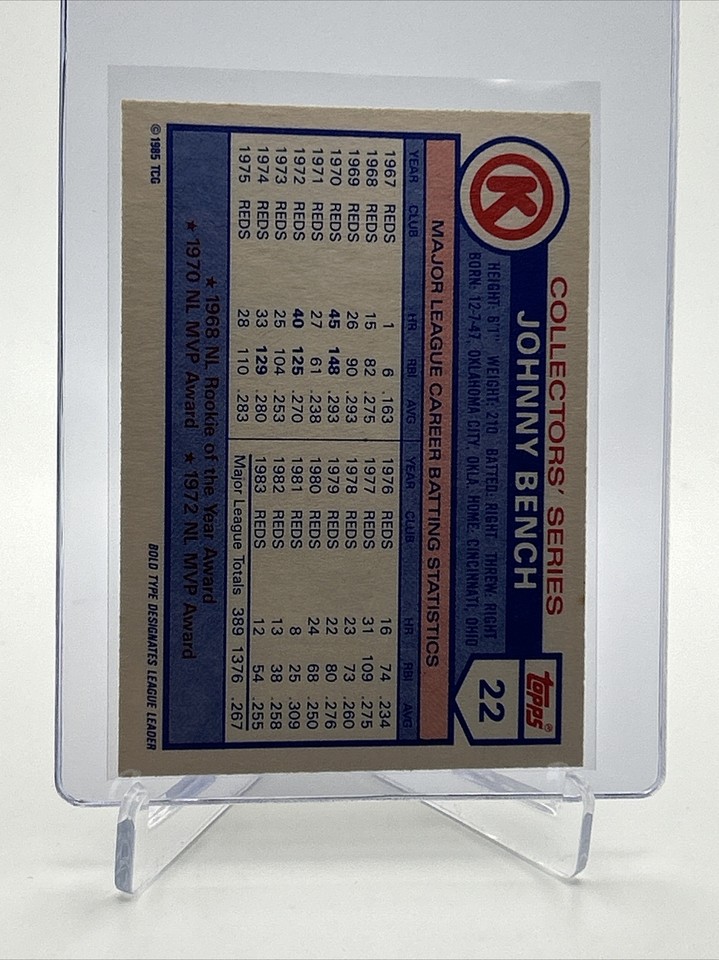 1985 Topps Circle K Johnny Bench Baseball Card #22 Mint FREE SHIPPING ...