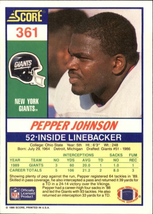 1990 SCORE NFL FOOTBALL Trading Card #361 🏈 PEPPER JOHNSON, New York Giants 🏈 | eBay