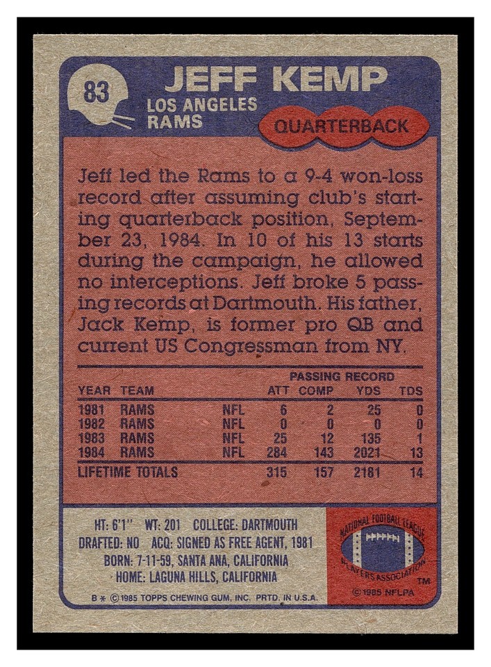 1985 TOPPS FOOTBALL JEFF KEMP #83 ROOKIE CARD LA RAMS HIGH GRADE ...