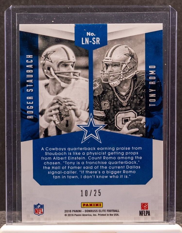 Roger Staubach Tony Romo 2016 Donruss Elite Lineage Purple 10/25 ...