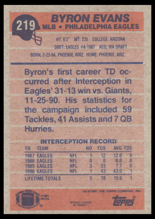 1991 Topps #219 Byron Evans Philadelphia Eagles Football Card | eBay