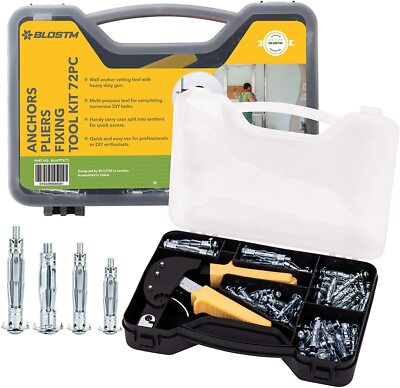 72pc Hollow Wall Fixings & Anchor Setting Tool Kit Set Plaster Boarding ...