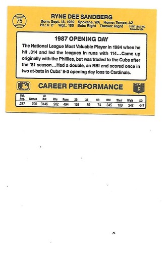 Ryne Sandberg HOF 1987 Donruss Opening Day Baseball Card #75 Chicago ...