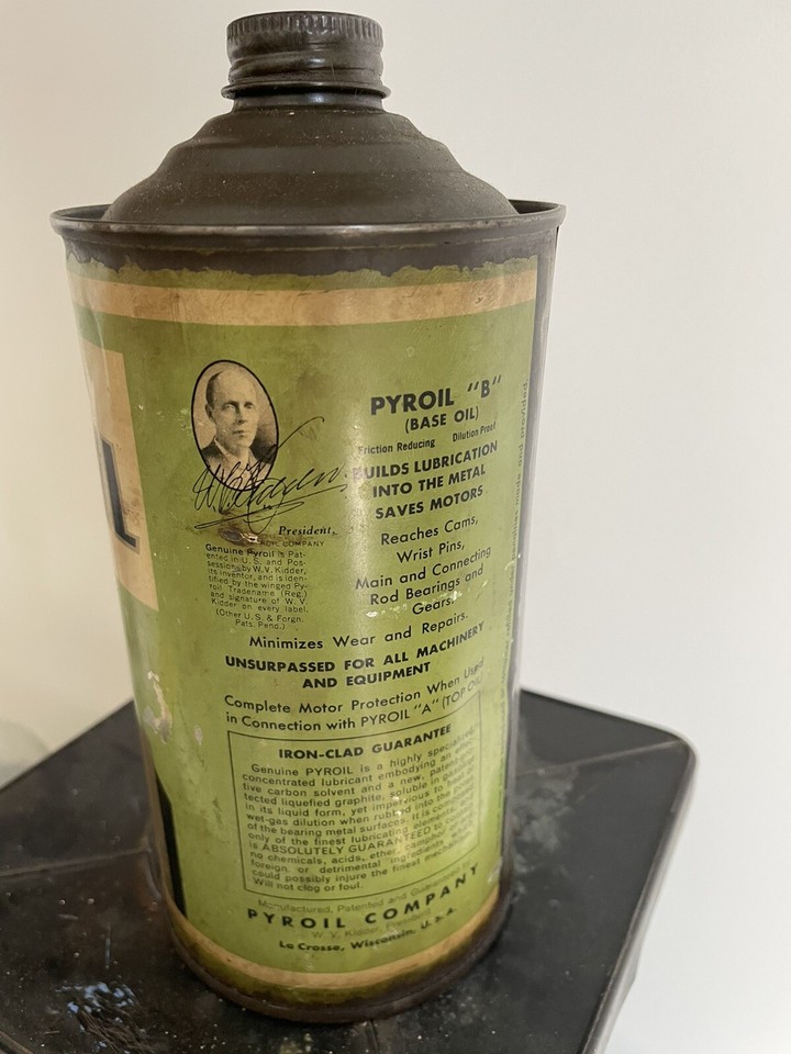 Vintage Original 1936 PYROIL Crank Case Oil B 32Oz Metal Motor Oil Can ...