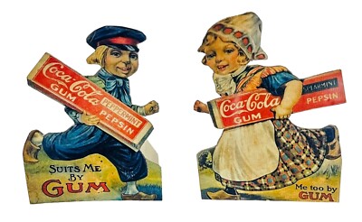 2 COCA COLA GUM DUTCH BOY AND GIRL CARDBOARD STANDUP ADVERTISING RARE ...