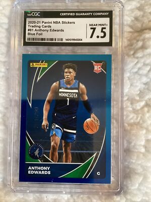 ANTHONY EDWARDS 2020 NBA Stickers Blue Foil Rookie #5 CSG 7.5 Near Mint ...