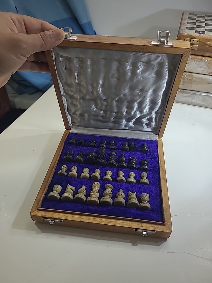 Handmade Marble Stone Chess Game Set Pieces with Wooden Base Board 8" x ...