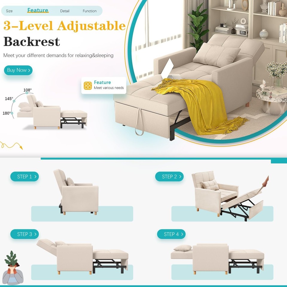 Convertible Sleeper Sofa Chair 3 in 1 Pull Out Chair Bed for Adult ...