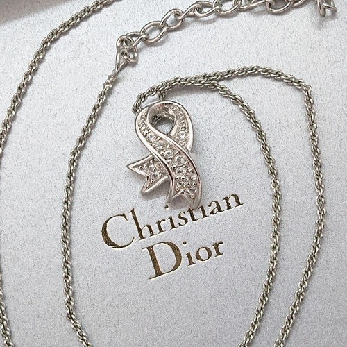 Christian Dior Ribbon Motif Necklace CD End Charm Silver Vintage Used ...