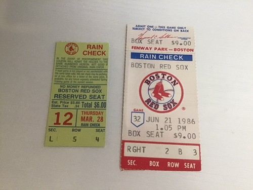 2 Boston Red Sox Rain Check Ticket Stubs 5/28/? And 6/21/86 | eBay
