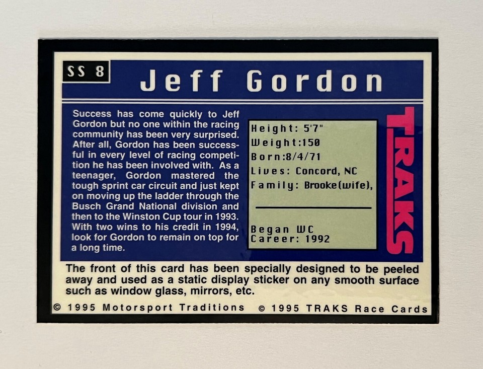 Jeff Gordon 1995 95 Traks Series Stars Insert Card w/Fan Static Cling ...