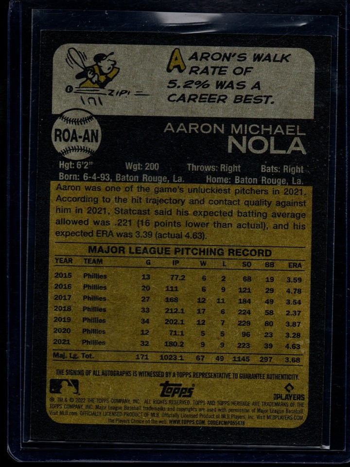 2022 Topps Heritage High Number Aaron Nola Real One Auto Autograph #ROA ...
