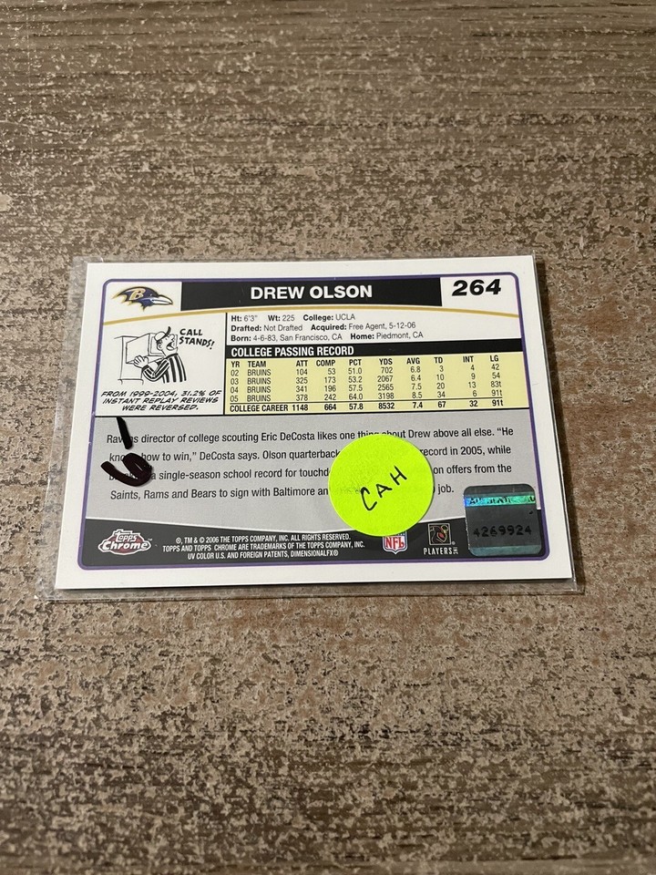 Drew Olson - 2006 Topps Chrome Rookie Autograph AUTO RC #264 - RAVENS ...