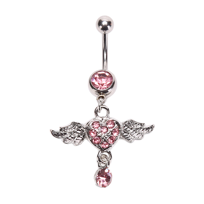 Women Fashion Piercing Crystal Heart Wing Belly Navel Ring Dangle Body ...