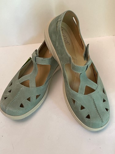 Hotter Ortholite Adjustable Strap Flats Shoes Leather Cool Green Women ...