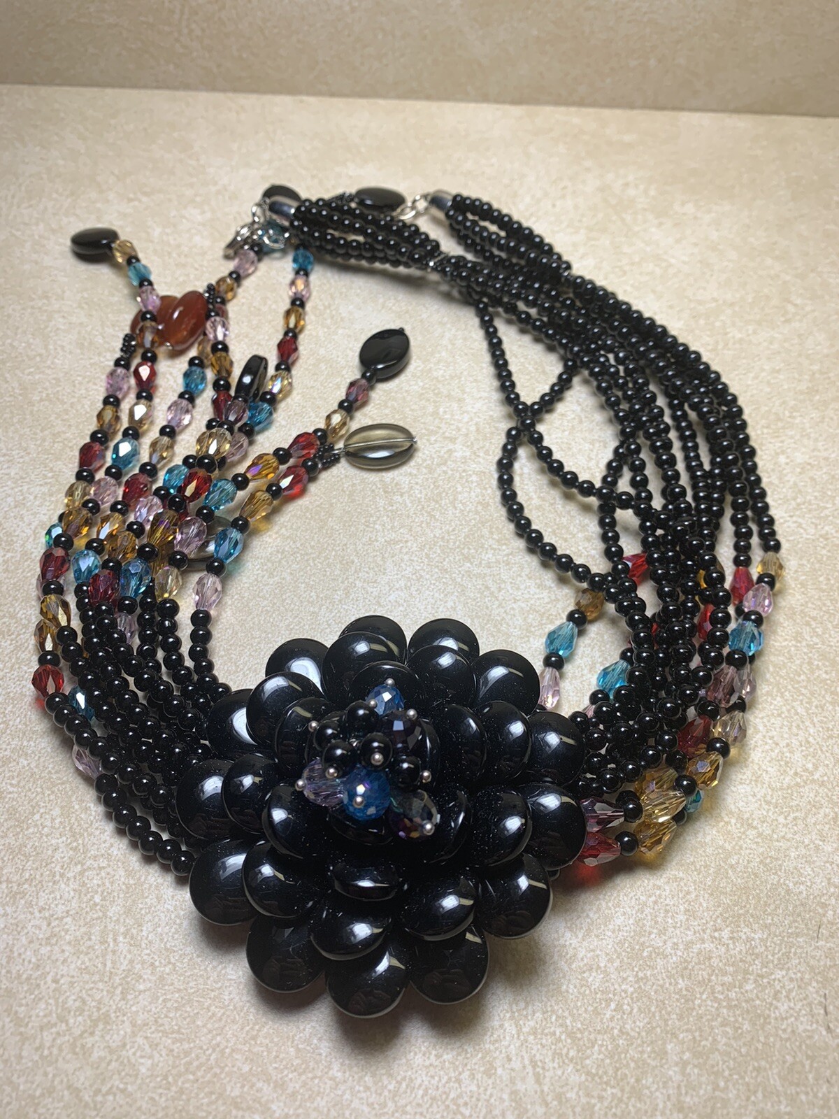 JOAN RIVERS LARGE FLOWER STATEMENT RUNWAY BLACK BEAD NECKLACE NEW IN ...