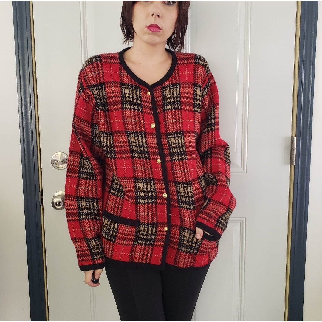80s Red and Tan Plaid Oversize Cardigan - Gem