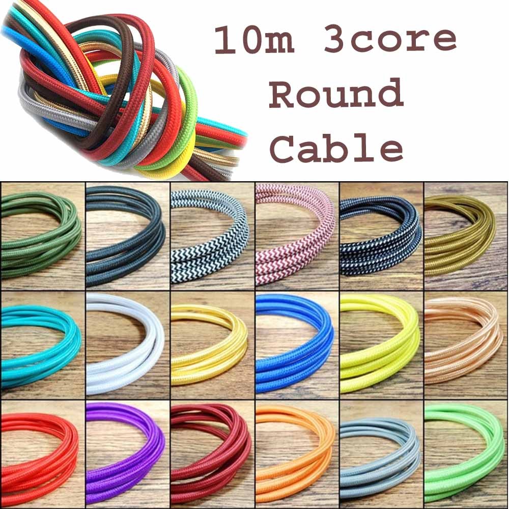 3 Core Fabric Cable 10M Vintage style Coloured Wire Round Lighting Cord ...