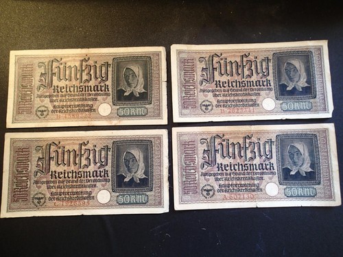 .. Lot of 4 ORIGINAL WW II BANKNOTES NAZI GERMANY GERMAN 50 REICHSMARK ...