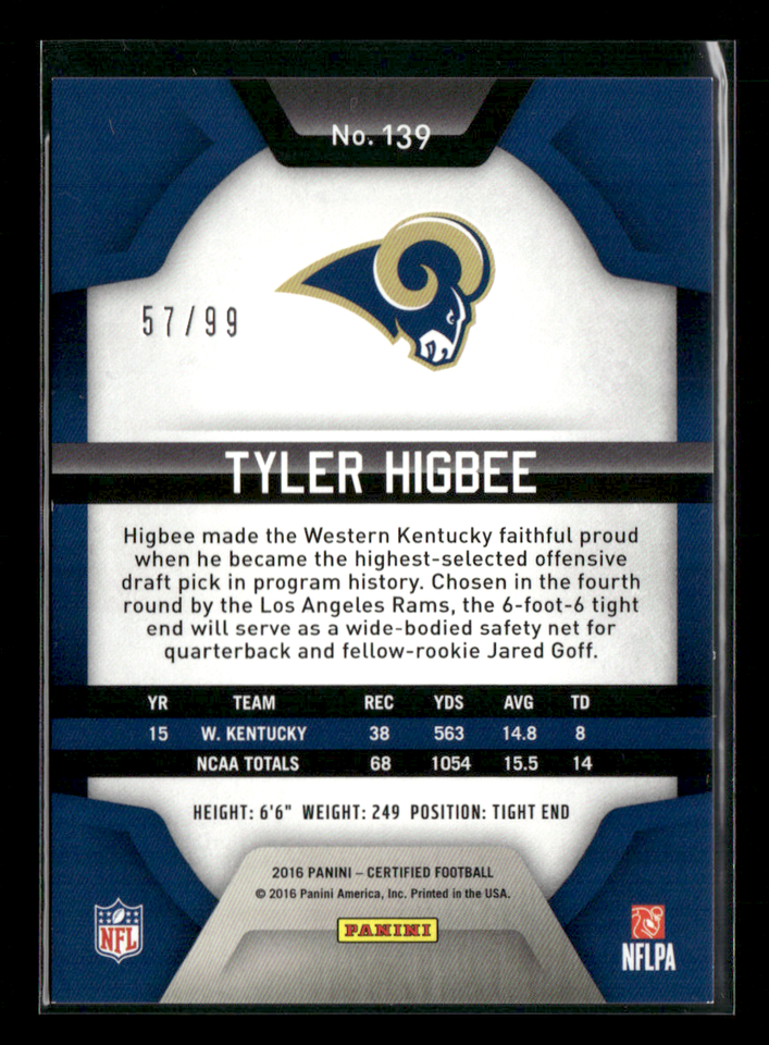 2016 Panini Certified #139 Tyler Higbee Mirror Red /99 RC Rookie | eBay