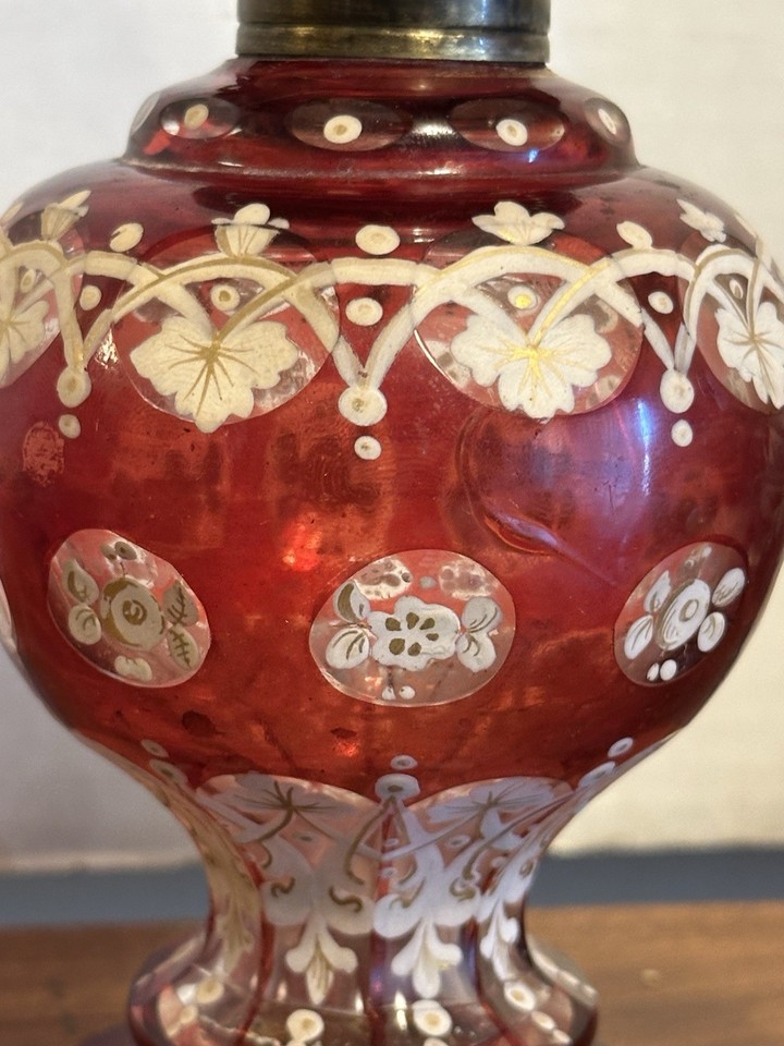1870s Sandwich Glass Overlay Oil Lamp Red Cut To Clear Enameled P & A ...