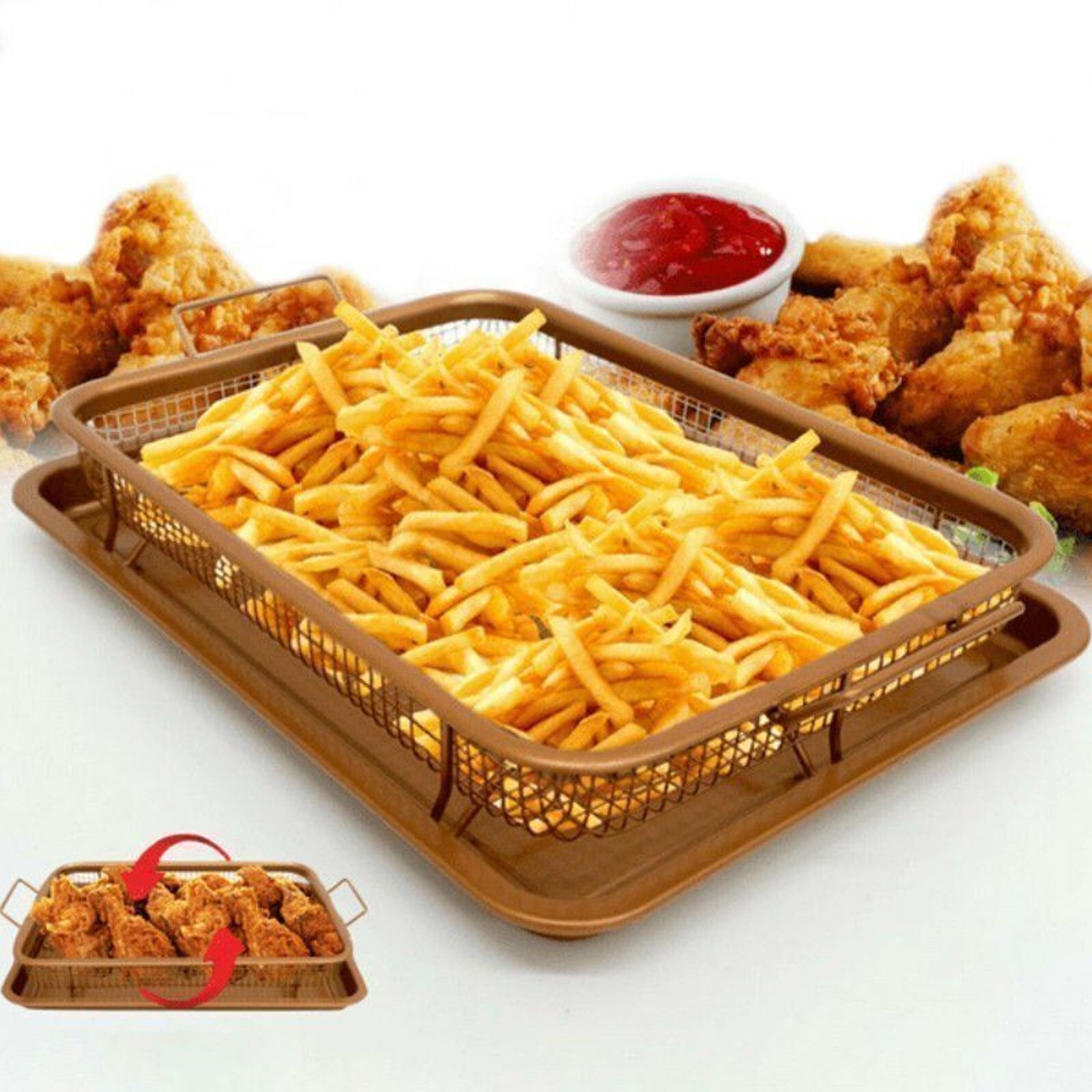 2 Pcs Copper Crisper Non-stick Oven Mesh Baking Tray Chips Crisp Basket ...