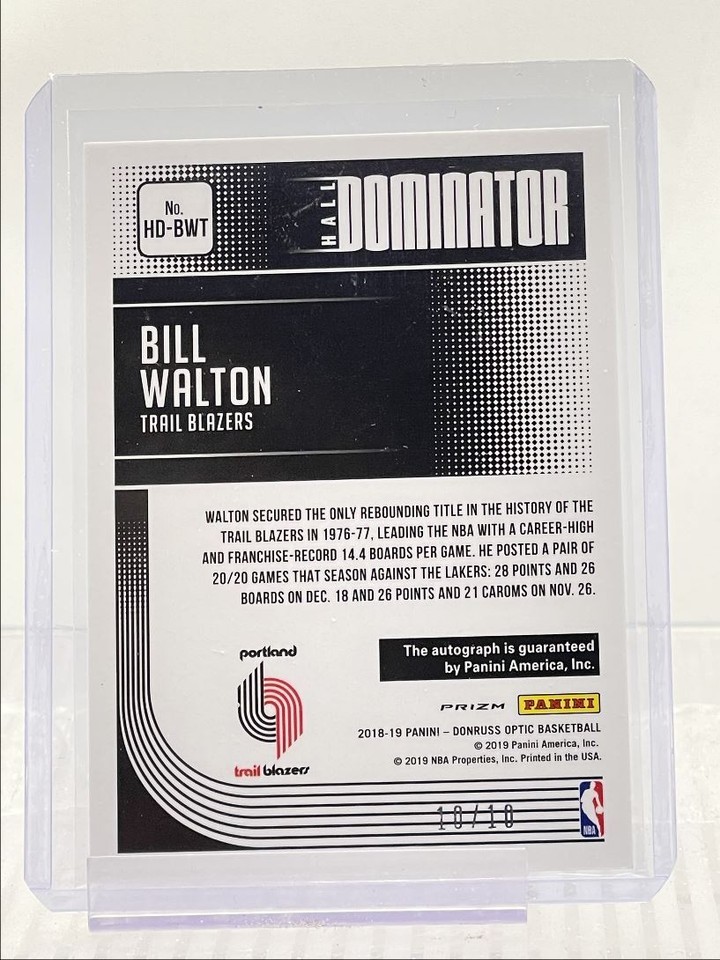 BILL WALTON 2018-19 DONRUSS OPTIC HALL DOMINATOR GOLD PRIZM AUTO 10/10 ...