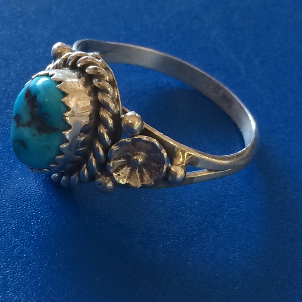 Native Ring Sterling Silver Blue Turquoise Double Flower Indian FREE ...